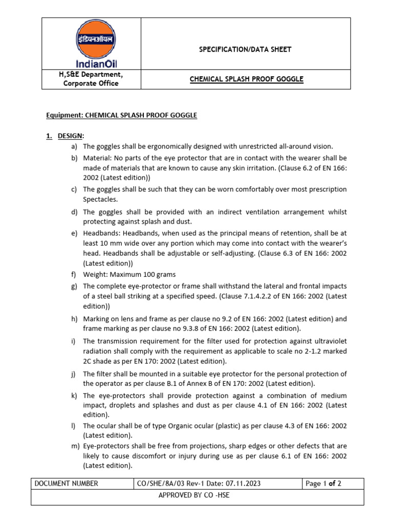 Chemical Splash Proof Goggles - R2 - Intranet | PDF | Optics