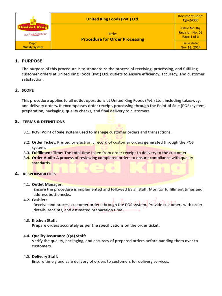 QS-2-000, Issue 01, Procedure For Order Processing | PDF | Point Of Sale | Business