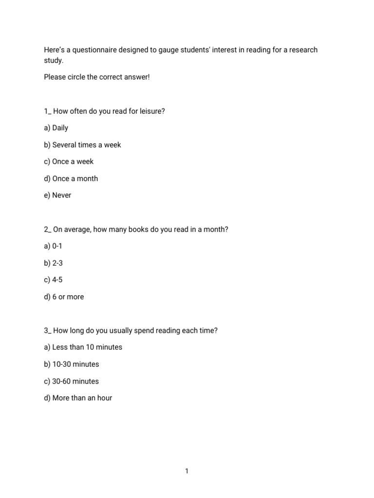 Student Reading Interest Questionnaire | PDF