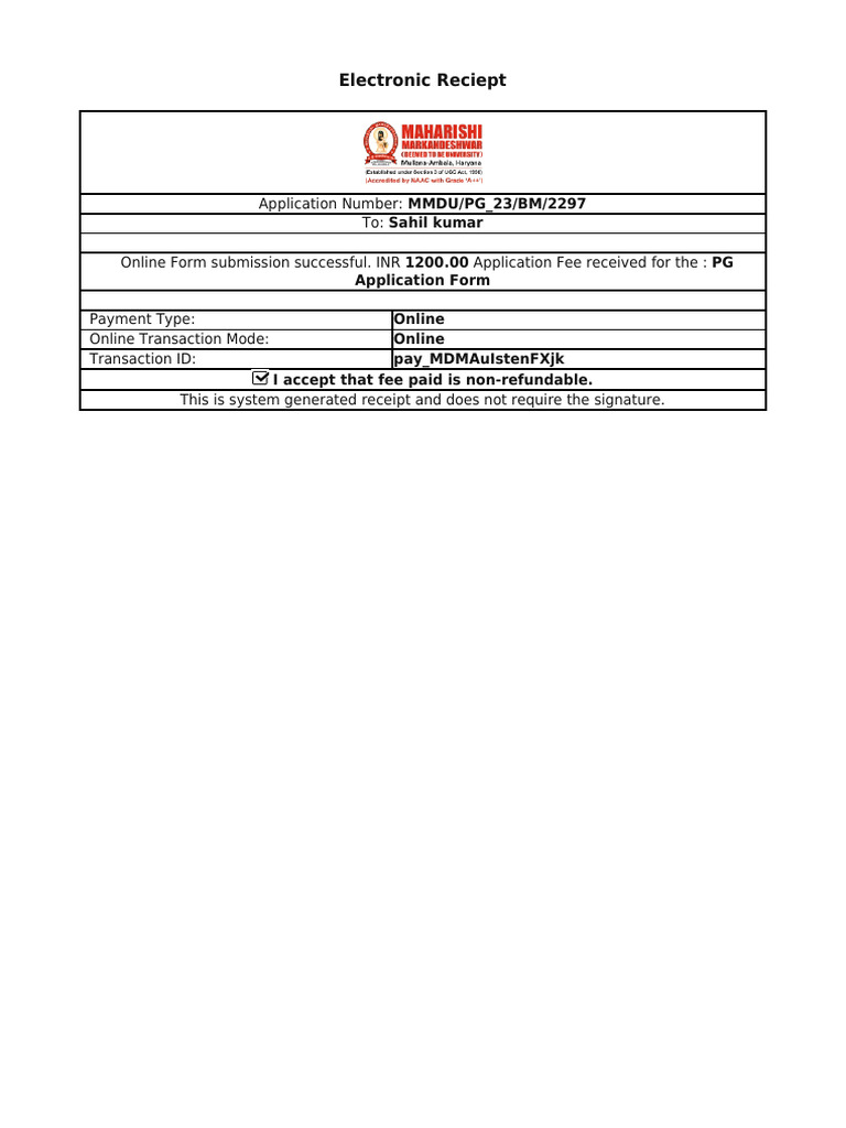 Electronic Receipt for PG Application Fee | PDF