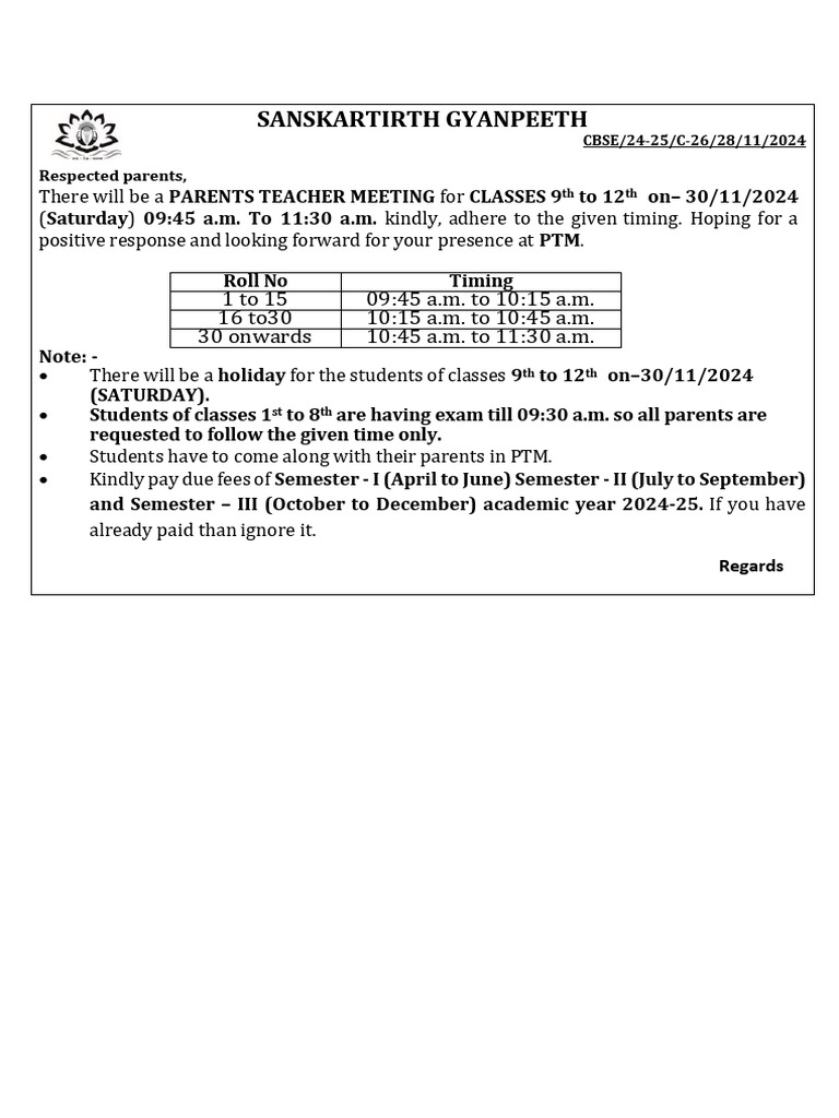 PTM Notice for Classes 9-12 Parents | PDF