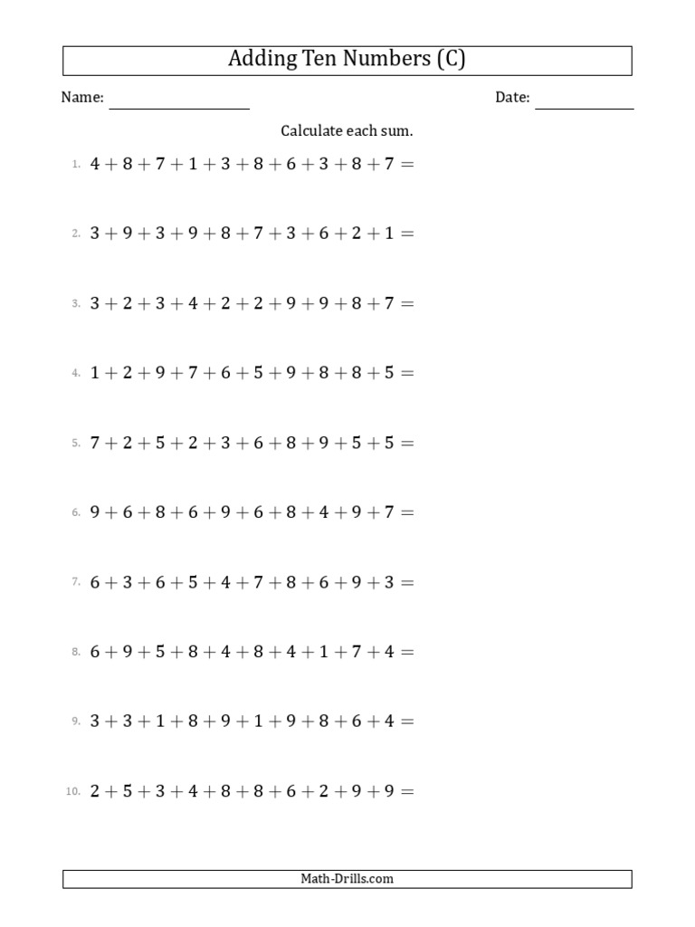 Adding Multiple Numbers 1digit 10 Addends 003.1566855261 | PDF