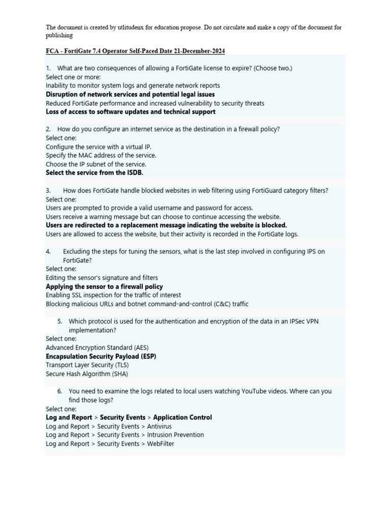 FCA - FortiGate 7.4 Operator Self-Paced Exam Answers | PDF | Transport ...