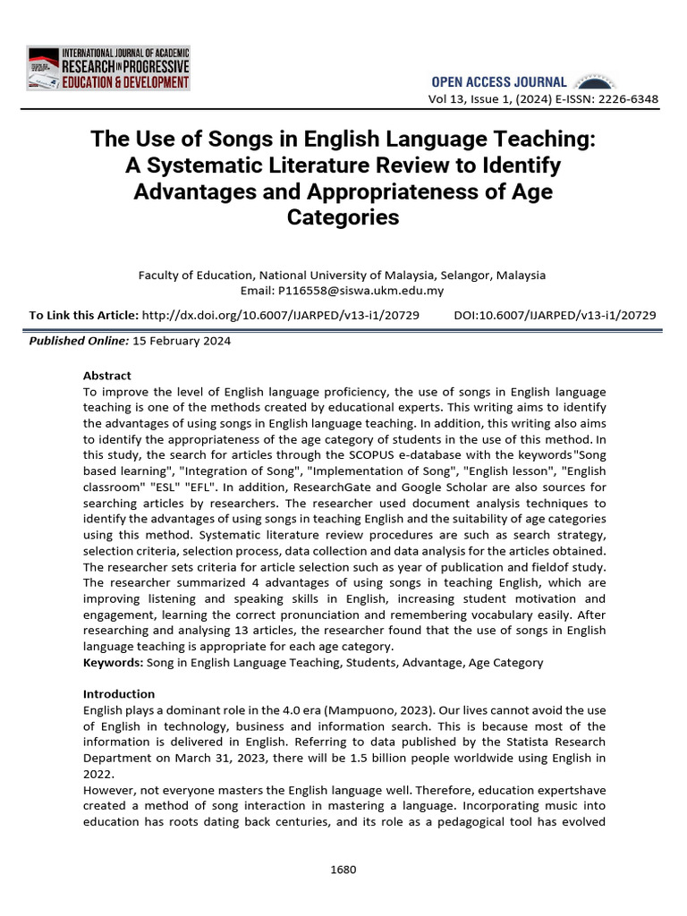 Songs in English Teaching: Benefits & Age Suitability | PDF | English ...