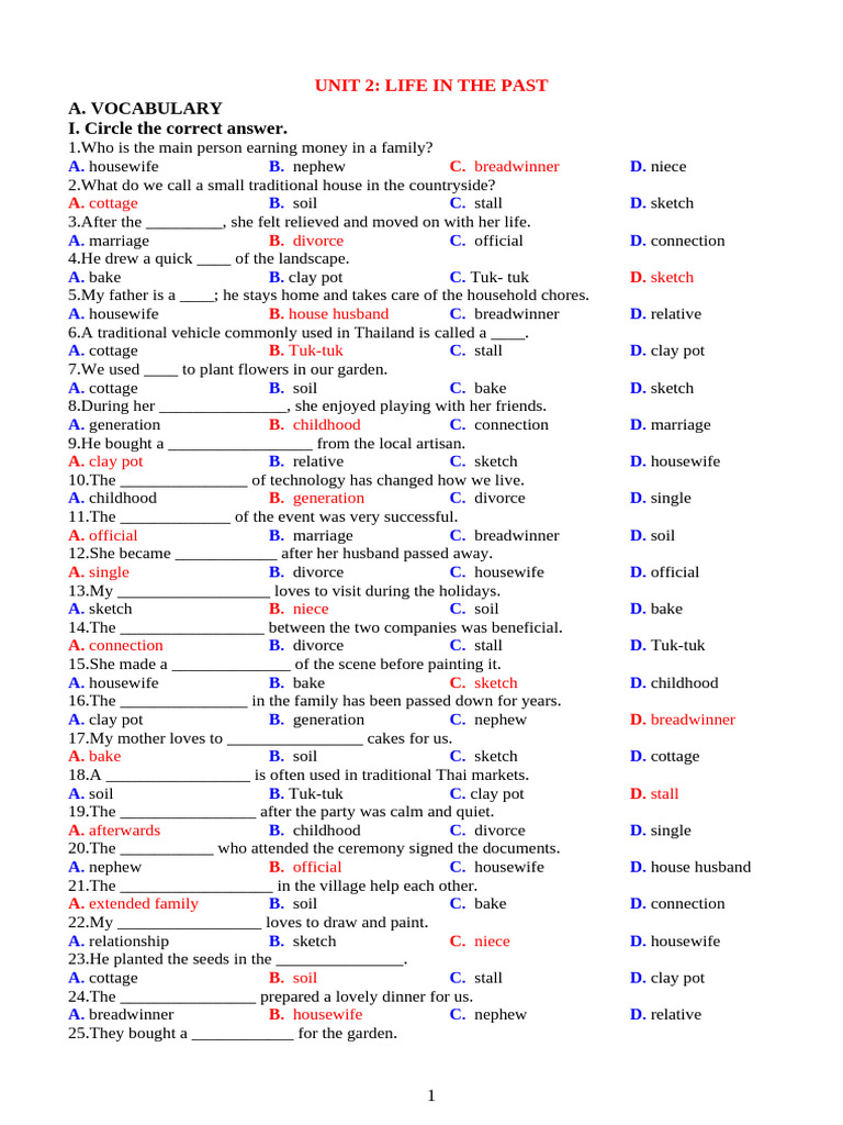 REVISION UNIT 2- TA9 | PDF | Housewife | Family