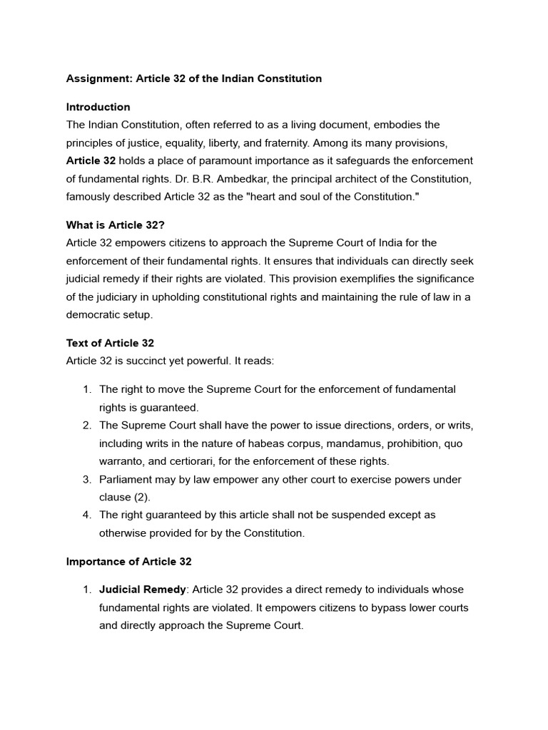 Assignment - Article 32 of The Indian Constitution | PDF | Writ ...