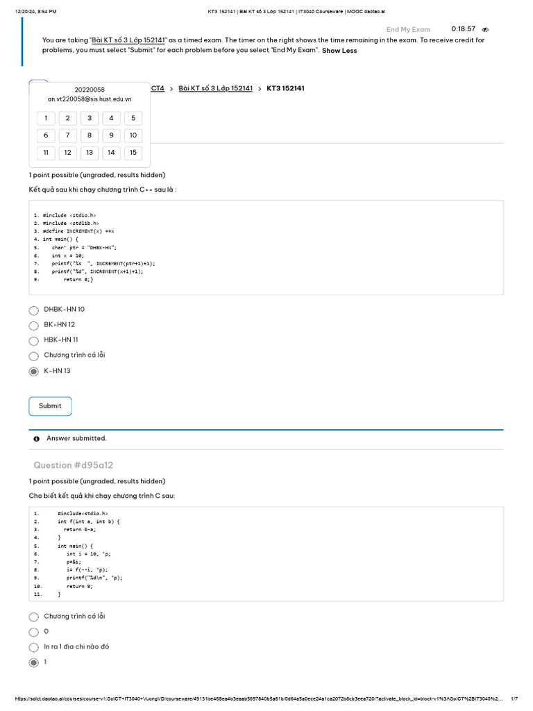 KT3 152141 - Bài KT số 3 Lớp 152141 - IT3040 Courseware - MOOC daotao.ai 1 | PDF