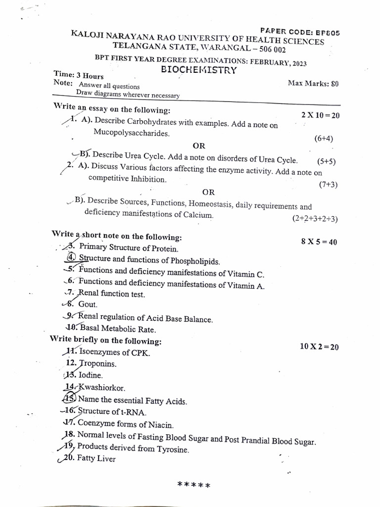 Biochemistry Previous Year Questions Papers For BPT Students | PDF