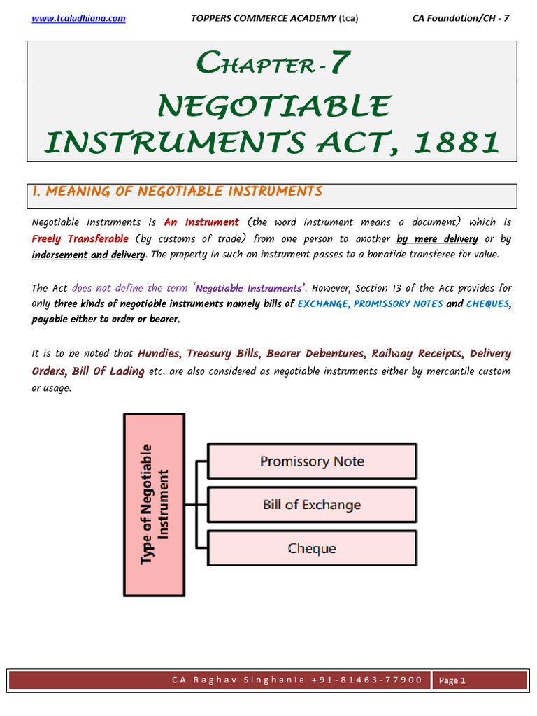 CHAPTER 7 NIA - Summary Raghav | PDF | Negotiable Instrument | Cheque