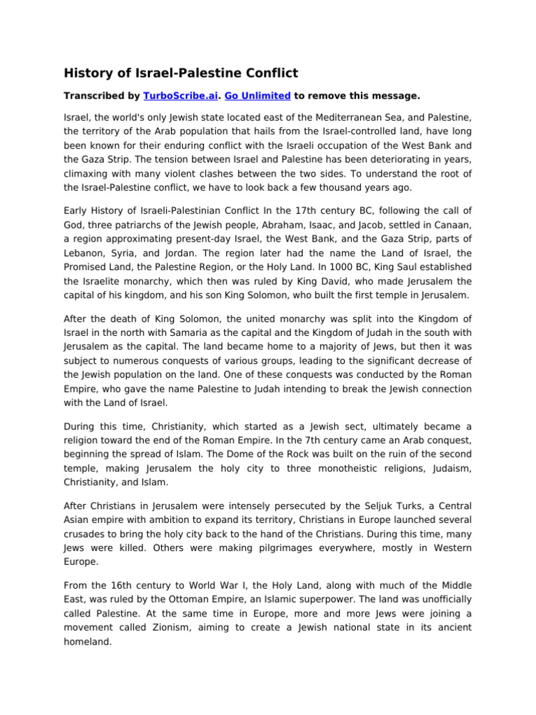 History of Israel-Palestine Conflict | PDF | Israel | World Politics