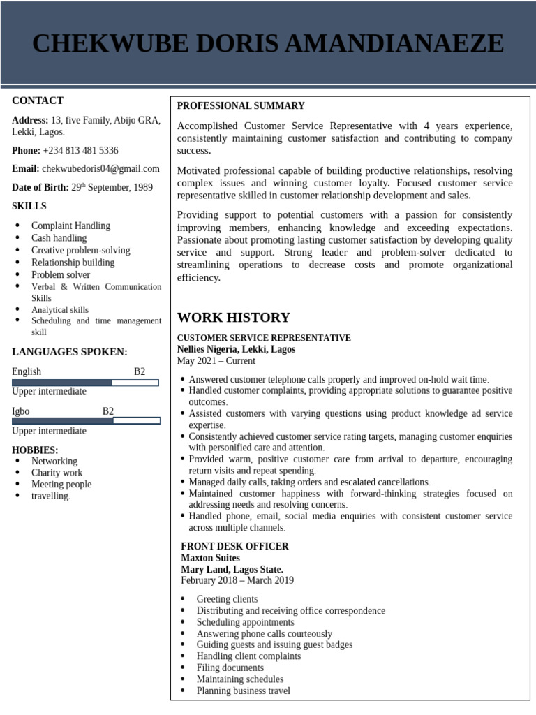 Chekwube DOris CV | PDF | Point Of Sale | Business