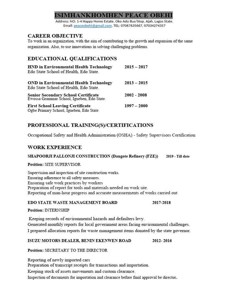 Isimhankhomhen Peace Obehi Updated Cv | PDF | Safety | Occupational Safety And Health Administration