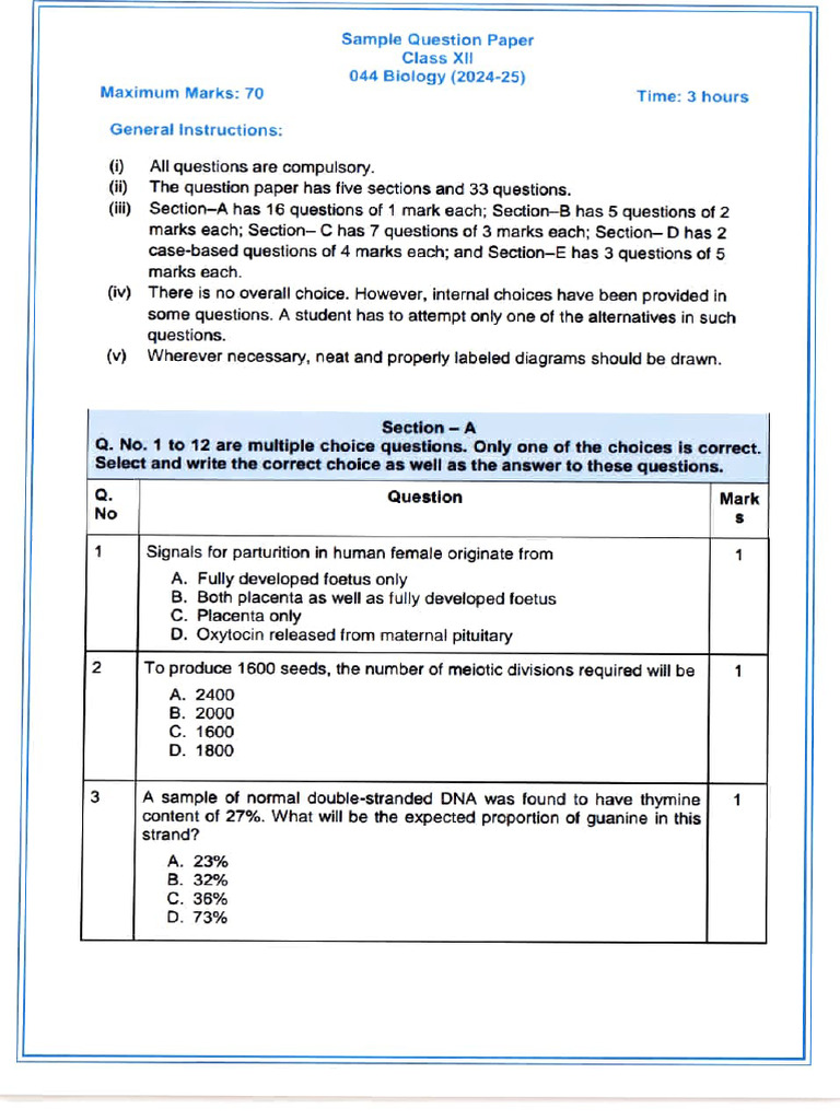 Class XII Biology Sample Question Paper | PDF | Virus | Primer ...