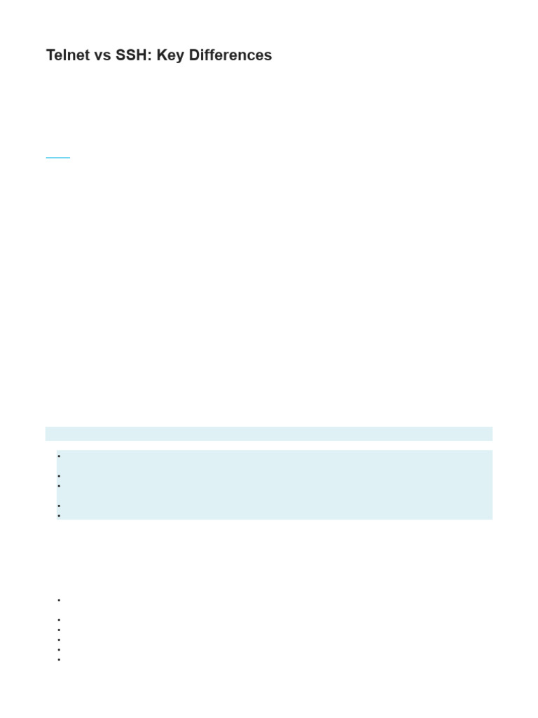 Telnet vs SSH: Key Protocol Differences | PDF | Secure Shell | Security