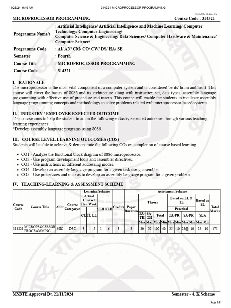 314321-MICROPROCESSOR_PROGRAMMING_281124 | PDF | Assembly Language | Computer Programming
