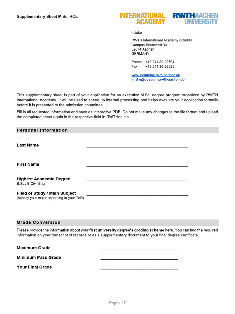 Supplementary Sheet - RCE - Formular | PDF