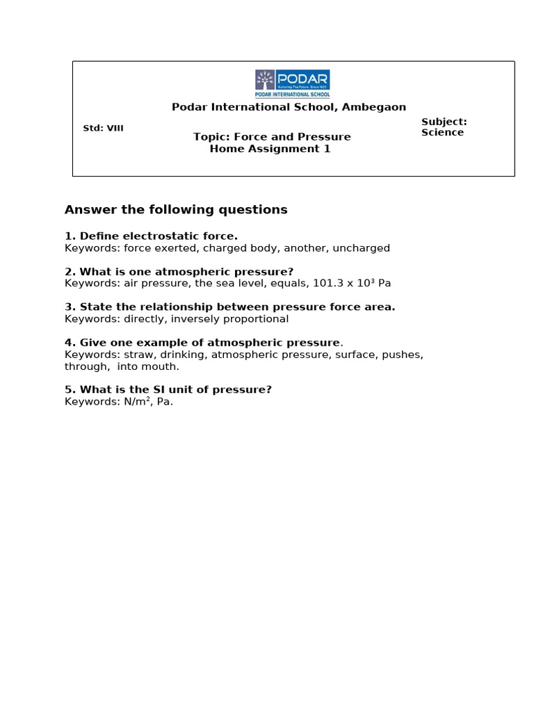 1719496919043.VIII HA1 key words Force and pressure (1) | PDF