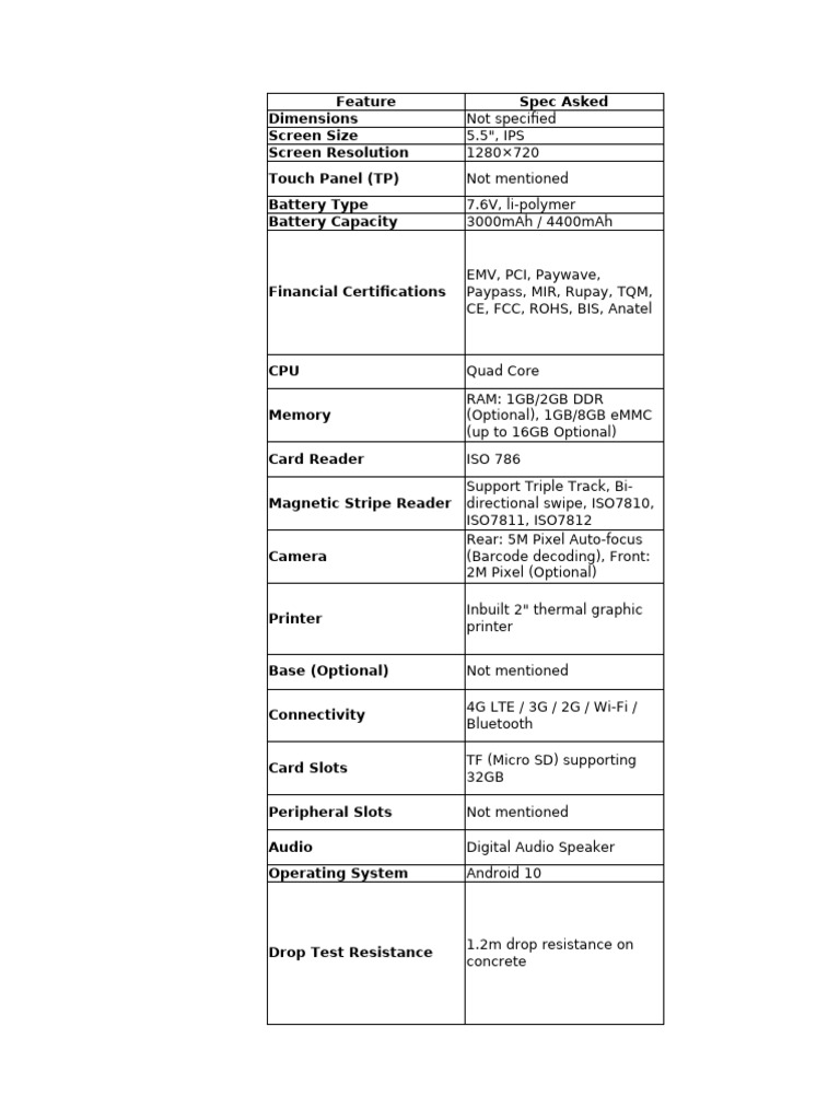 Handheld Spec Comparison With Aigo | PDF | Emv | Printer (Computing)