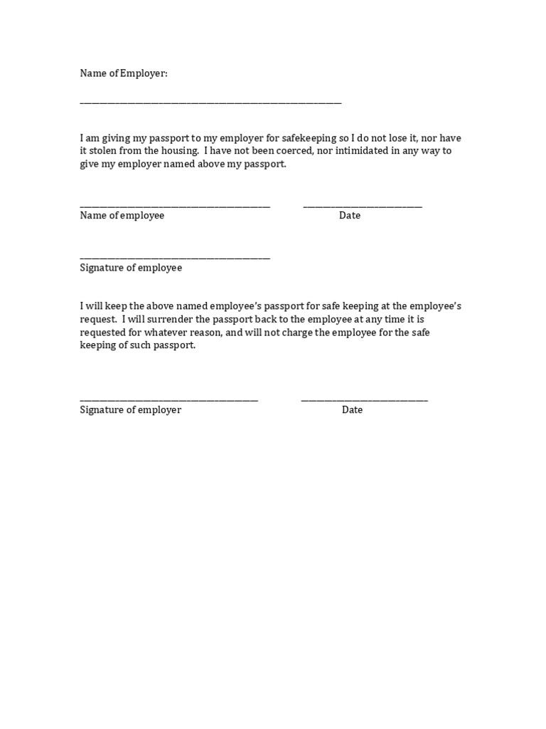Employer Passport Safekeeping Agreement | PDF