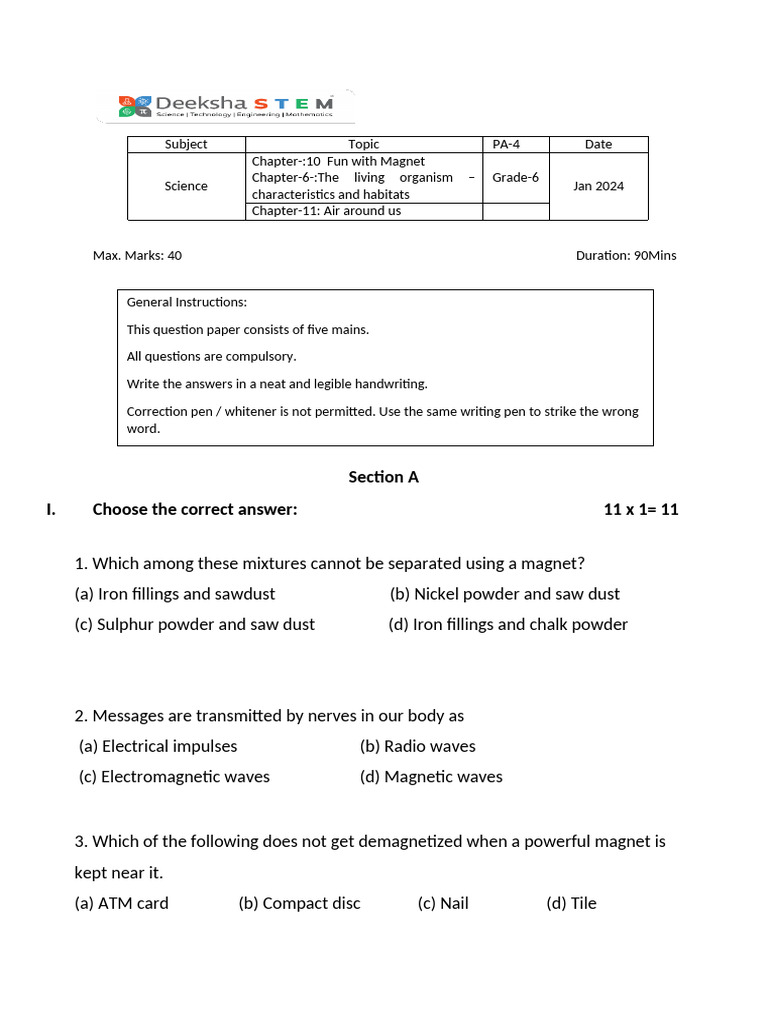 Grade 6 _ Science _ PA 4- Draft question paper- 30th Modified by ...