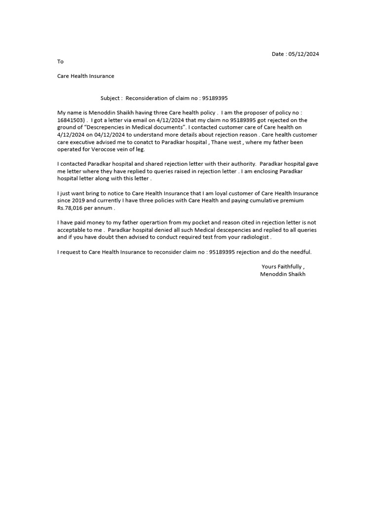 Reconsideration Letter Claim No - 95189395 | PDF