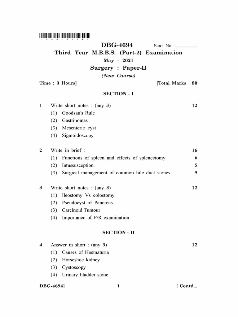 Third Year M.B.B.S. (Part-2) Examination May - 2021 Surgery - Paper-Ii ...