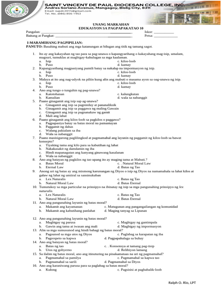 Unang Markahan Esp10 | PDF