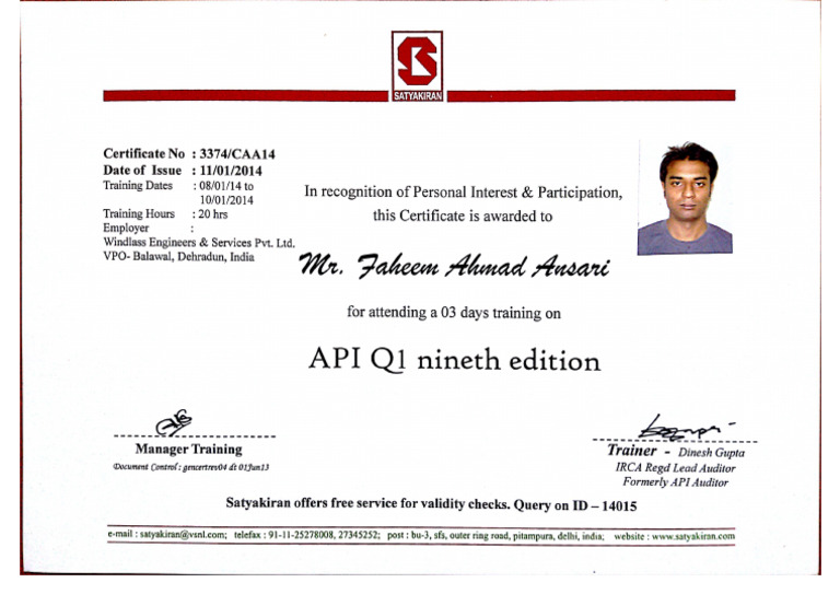 API Q1 Internal Auditor Certificate | PDF