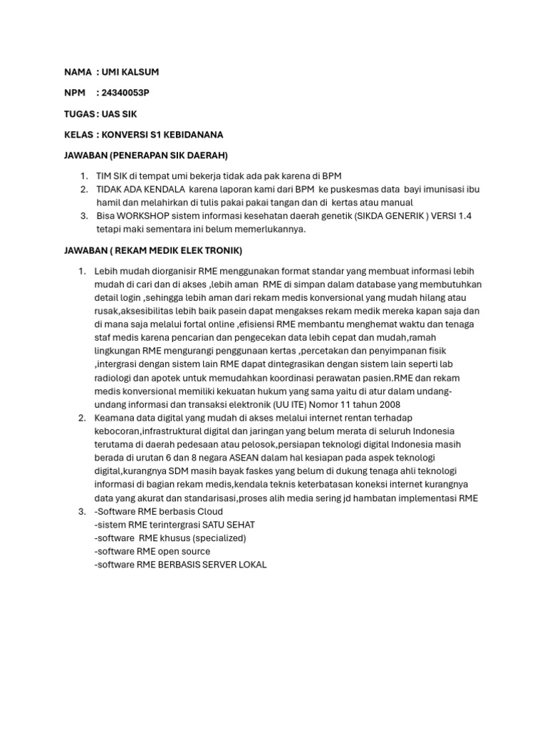 NAMA Umi Kalsum NPM 24340053p Kelas S1 KEBIDANAN KONVERSI UAS SIKK | PDF