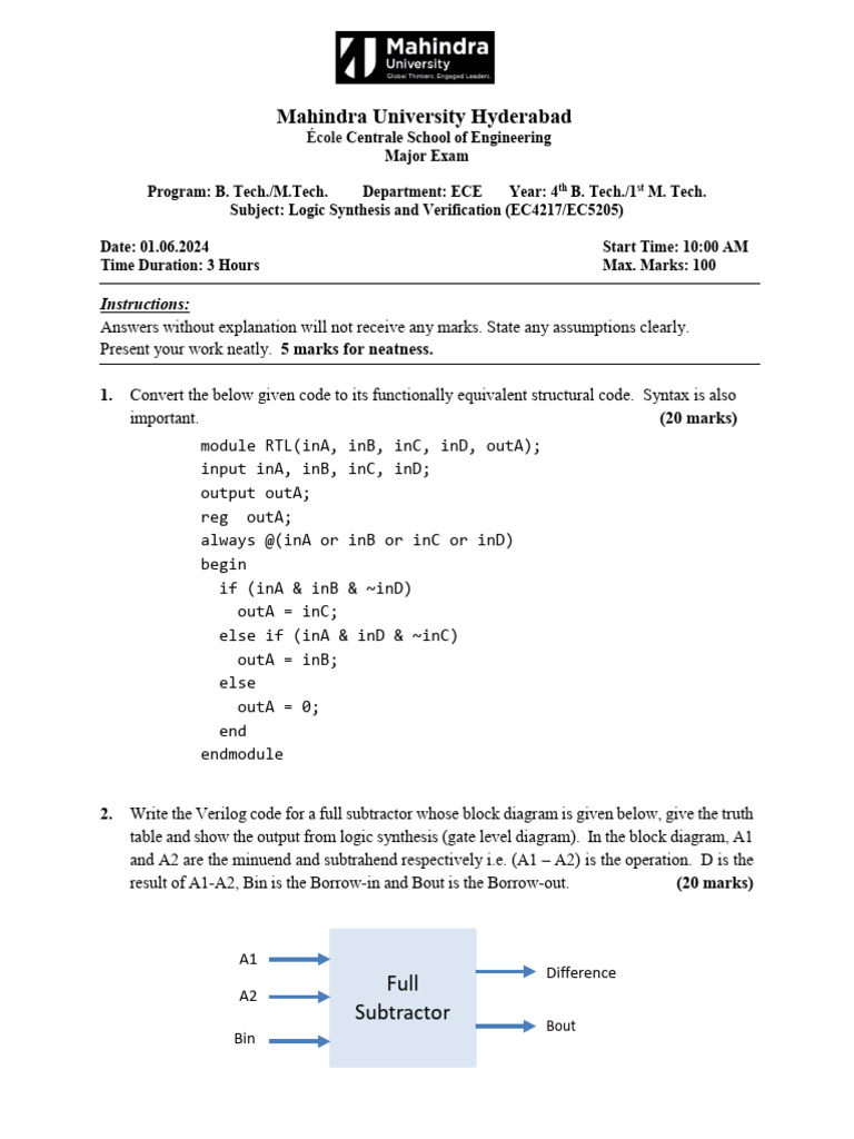 EC4217 - EC5205 Logic Synthesis and Verification Major QP - Set1 | PDF | Computer Science ...