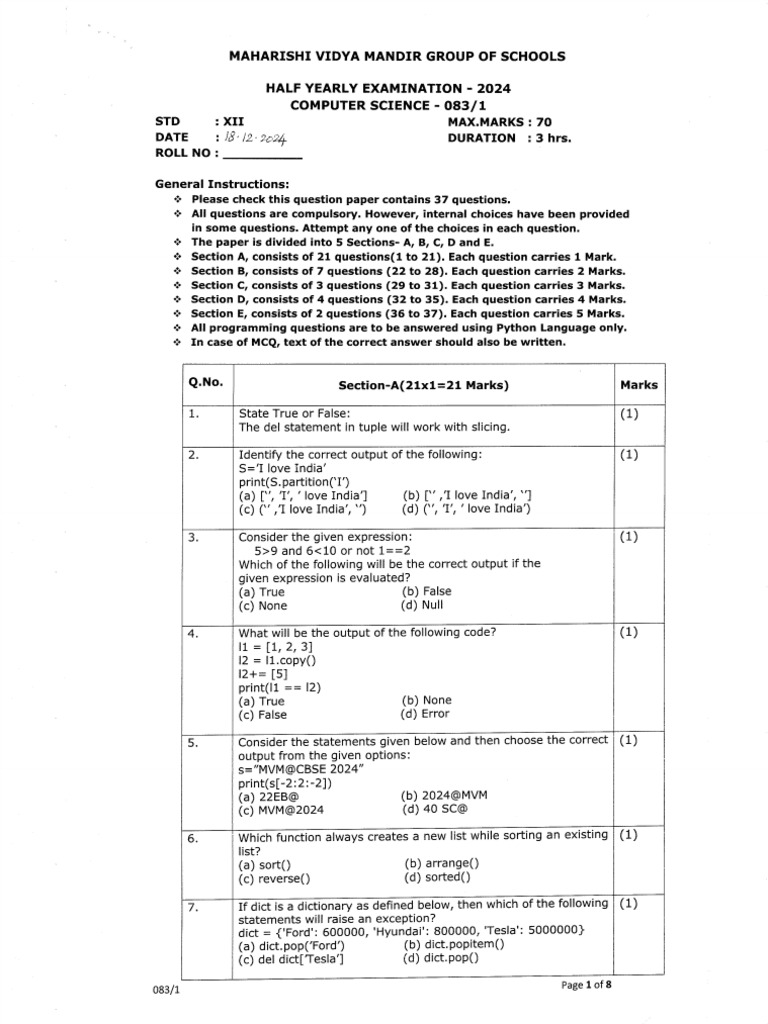 STD XII Computer Science QP 18.12.2024 | PDF