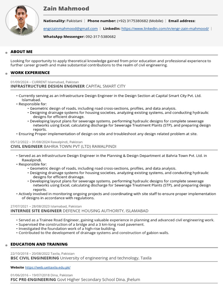 Engr Zain Mahmood CV (1) | PDF | Civil Engineering | Engineering