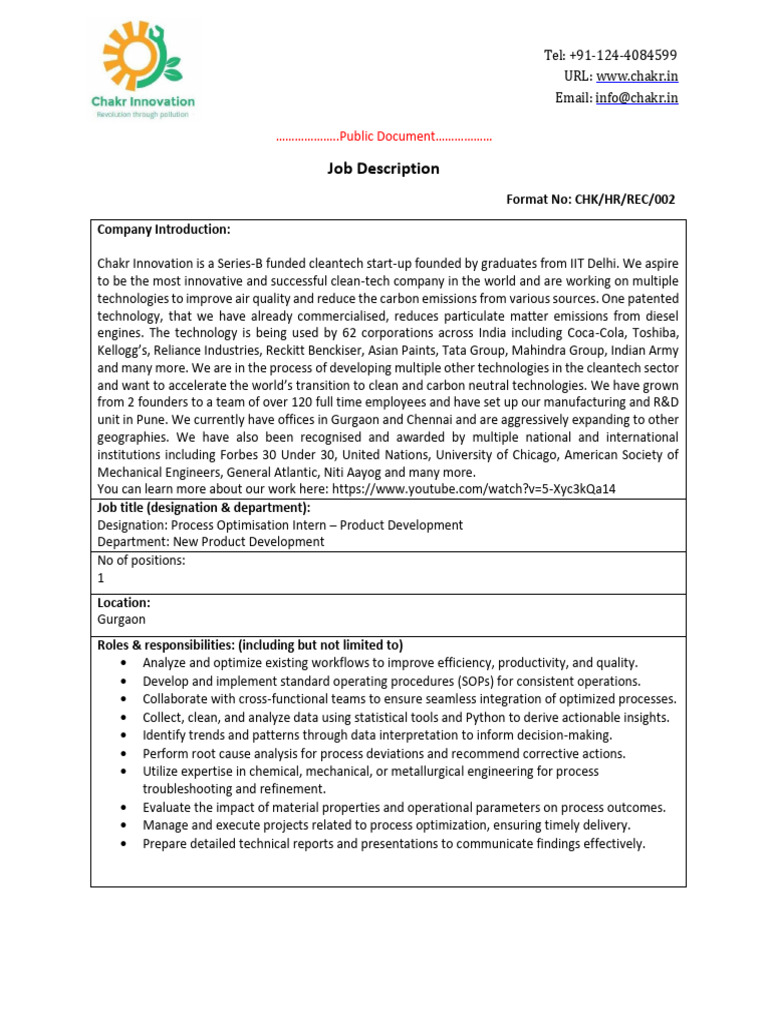 JD - Process - Optimisation - Intern | PDF | Data Analysis | Engineering