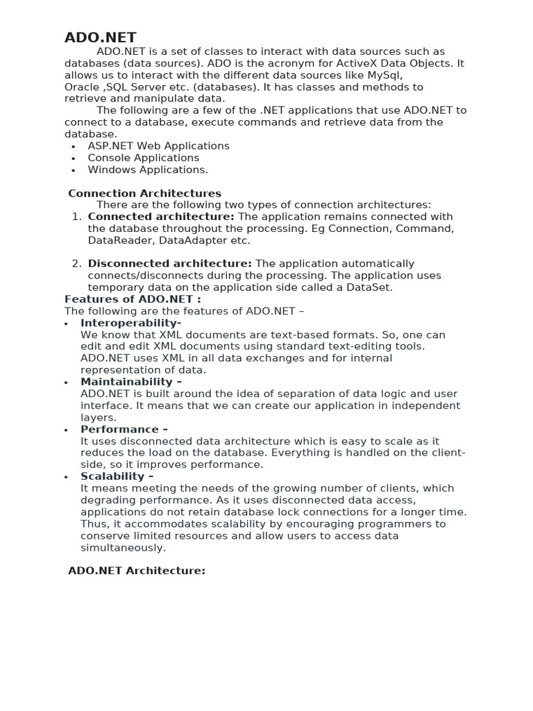 ADO.Net | PDF | Databases | Sql ADO.Net | PDF | Databases | Sql