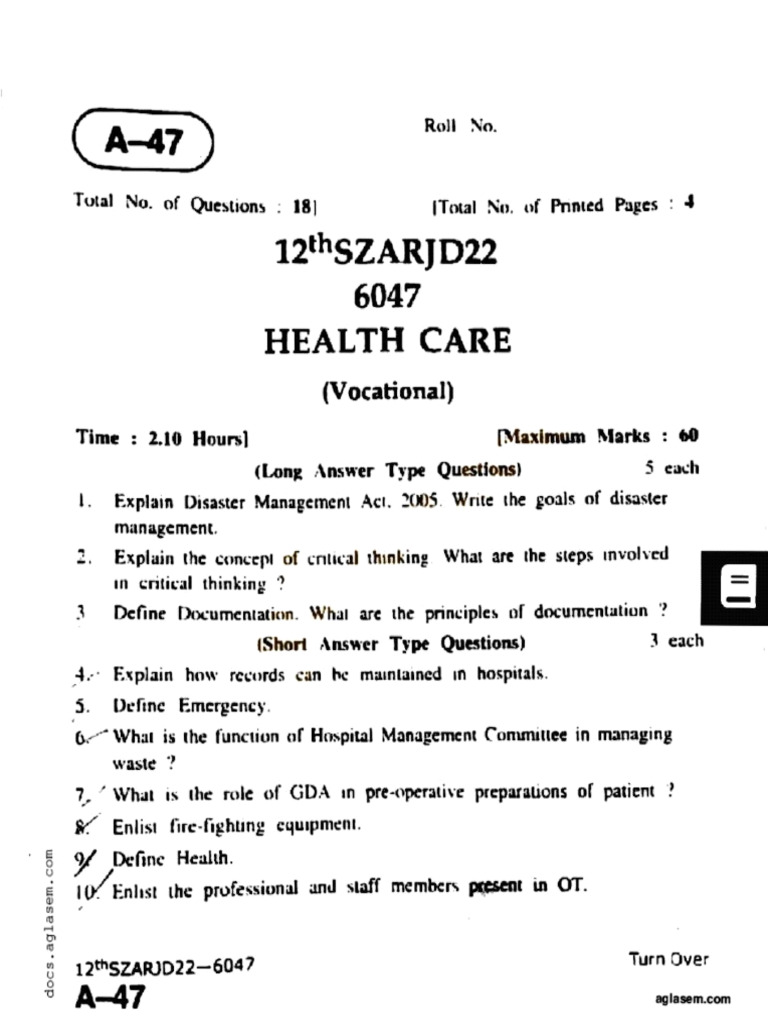 Class 12 Health Care Exam Paper | PDF | Health Care | Medicine