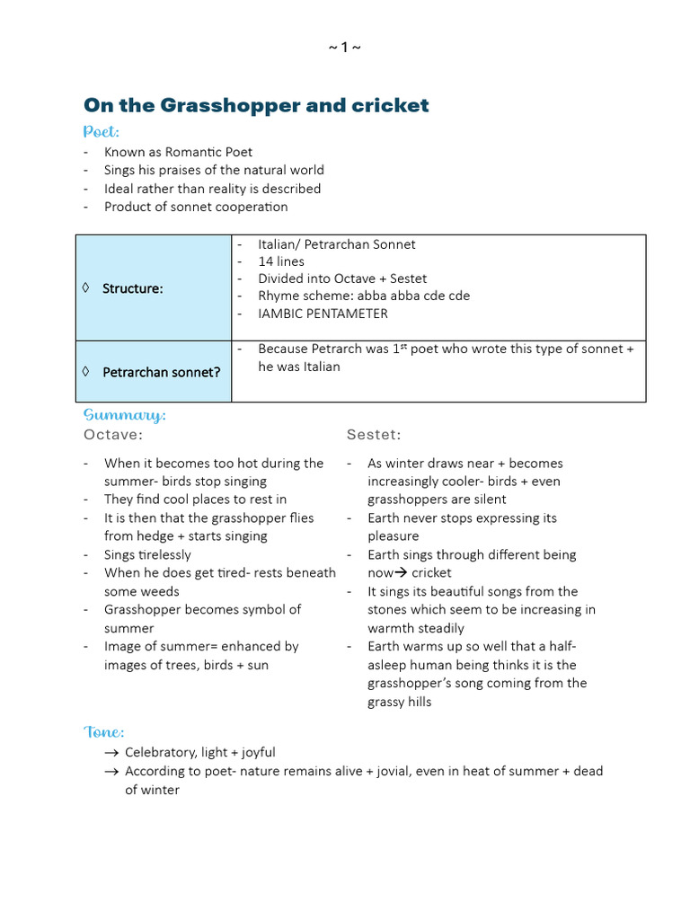 Grasshopper and Cricket: Nature's Poetry | PDF | Sonnets | Stanzaic Form