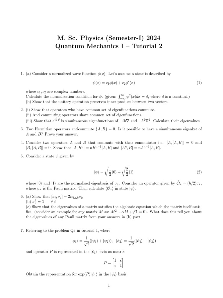 QM_I_tut | PDF | Eigenvalues And Eigenvectors | Functional Analysis
