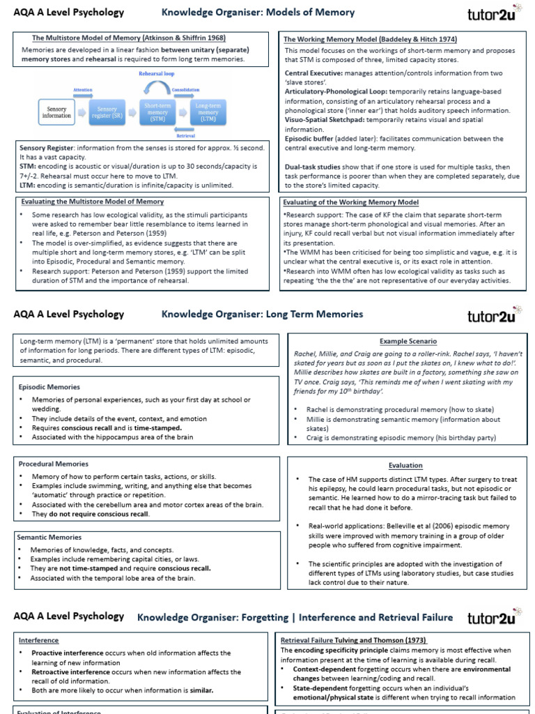 AQA A Level Psychology Memory Knowledge Organisers | PDF | Recall ...