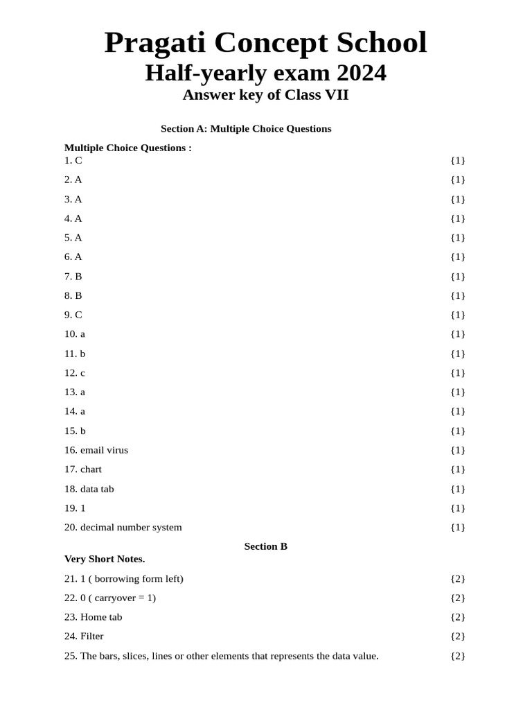 Answer Key Class VII Computer For Half Yearly Examination | PDF ...