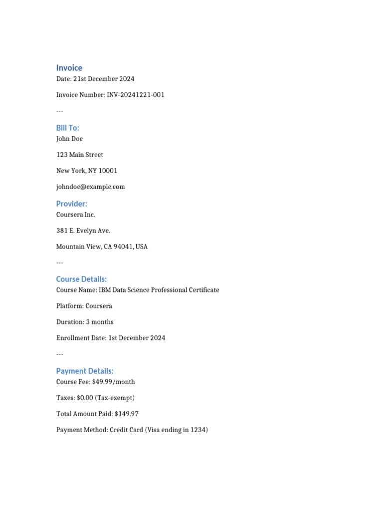 IBM Data Science Course Invoice | PDF