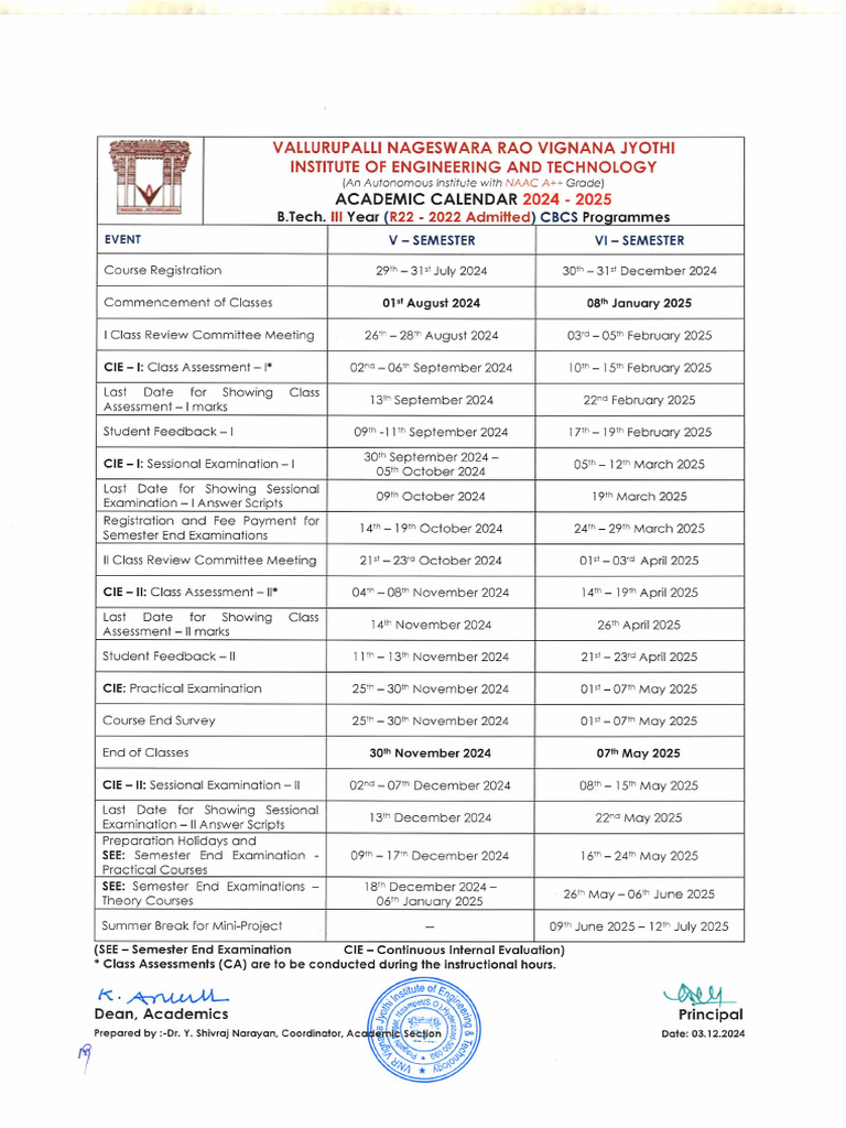 B.Tech. III Year Academic Calendar 2024-2025 R22 03122024 Scanned | PDF