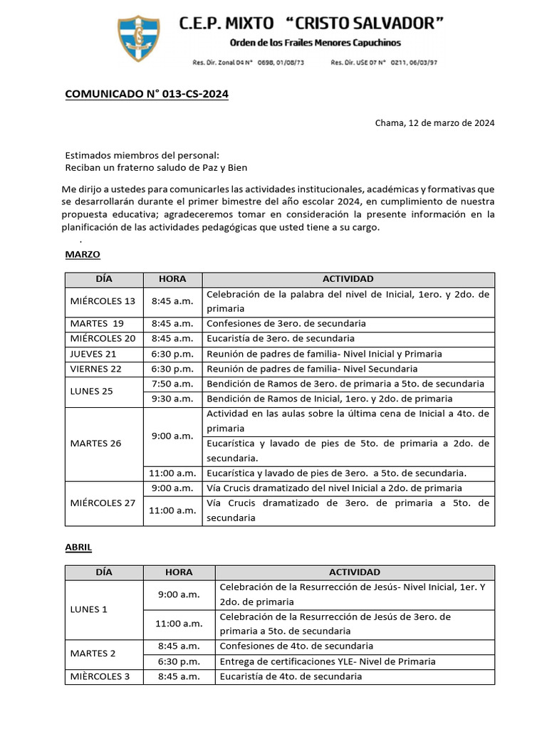 COMUNICADO 013 - CS-24 - Calendarizacion I Bimestre 2024 | PDF