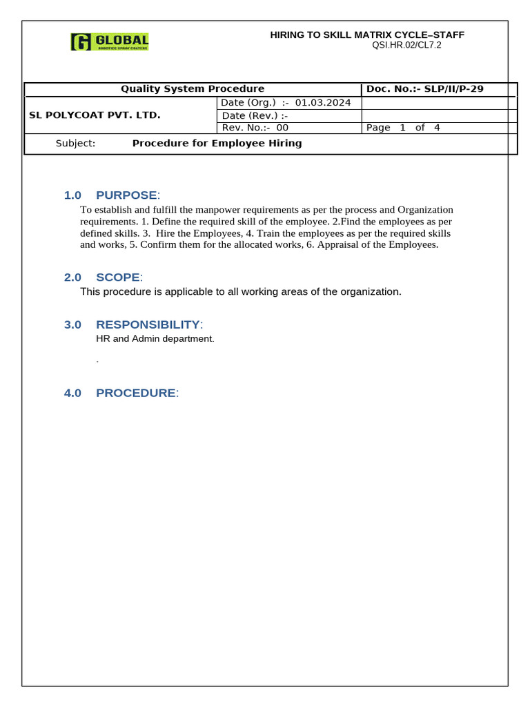 Employee Hiring Skill Matrix Procedure | PDF | Business