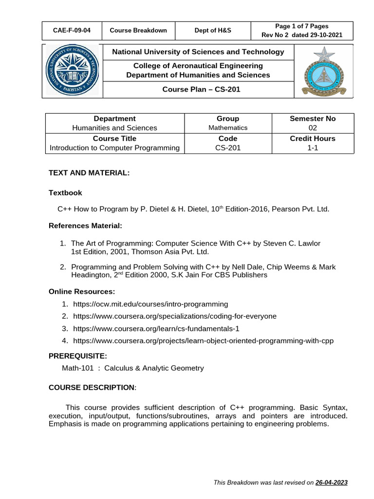CS-201 1-1 Intr To Comp Programming (Revised) | PDF | Control Flow | Pointer (Computer Programming)