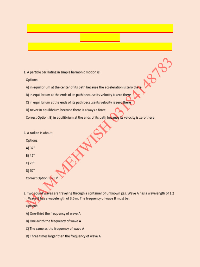 PHY101 MCQs Mids 2024 Mam Mehwish-1 | PDF | Waves | Force