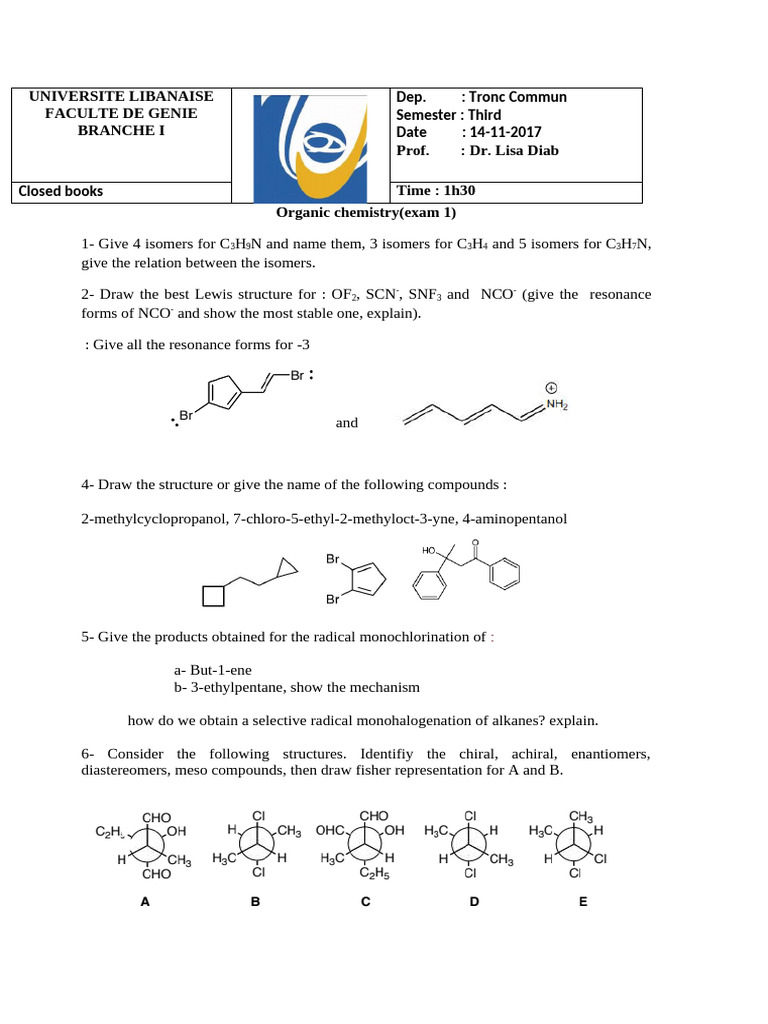 7-Organic Chemistry Midterm Exam 2016-2017 | PDF