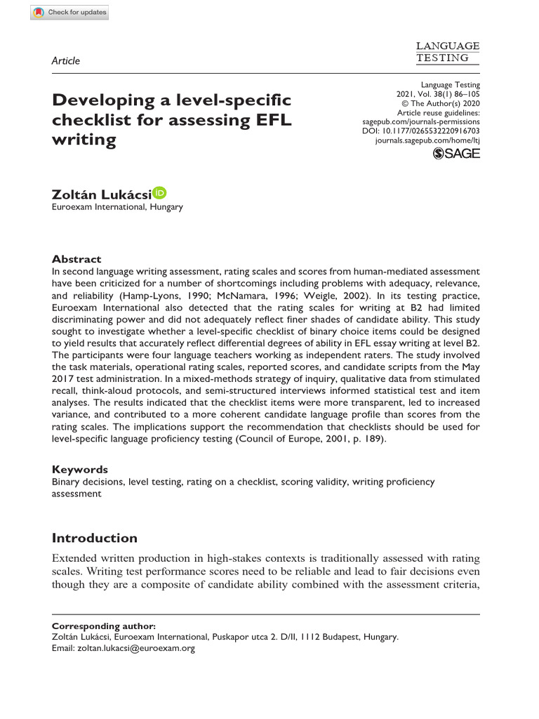 EFL Writing Assessment Checklist Development | PDF | Statistics | Science