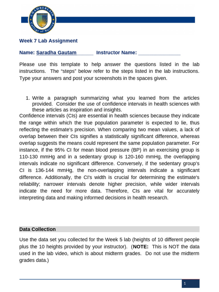 Chamberlian Lab Work Week 7 | PDF | Sampling (Statistics) | Confidence ...