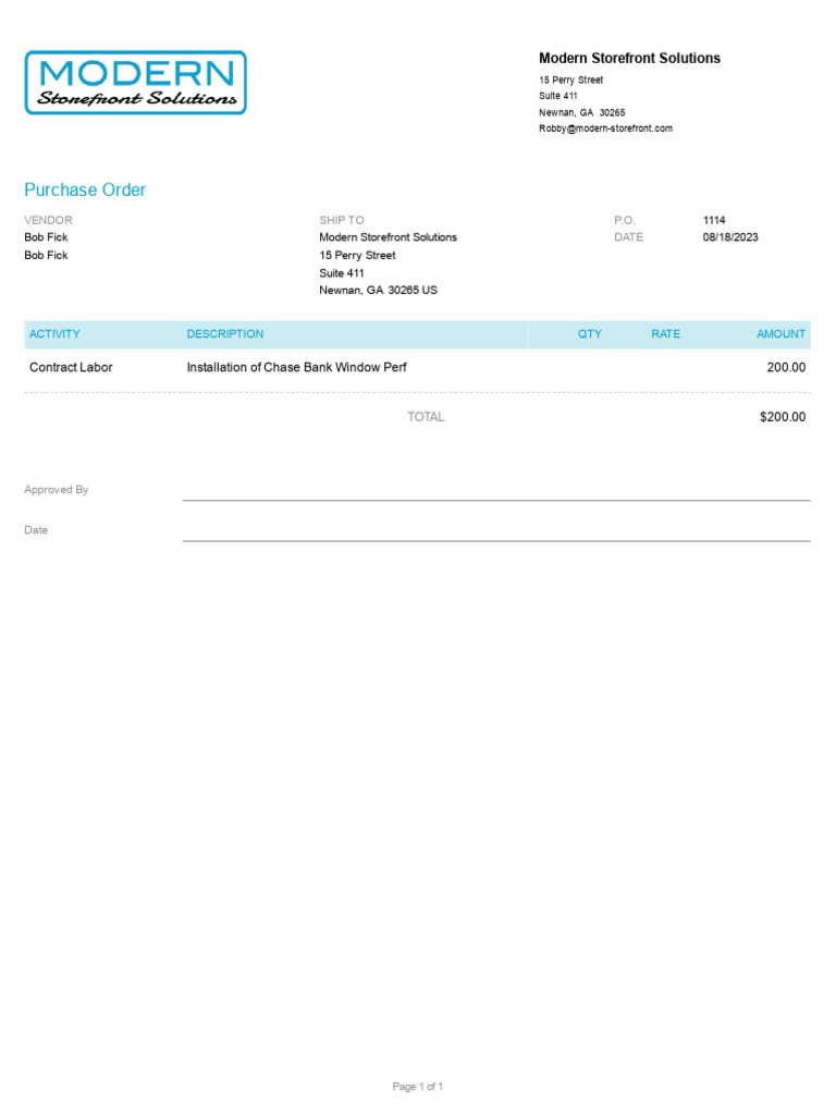 Purchase Order 1114 From Modern Storefront Solutions | PDF