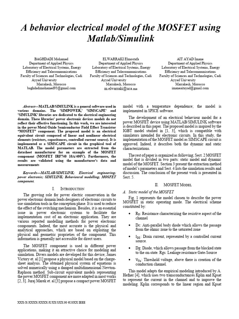 A Behavior Electrical Model of The MOSFET Using Matlab/Simulink | PDF | Mosfet | Electrical Network